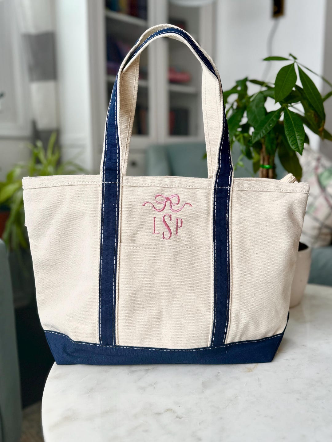 Bow Monogram Canvas Tote, Dainty Boat Bag With Bow, Monogrammed Tote ...