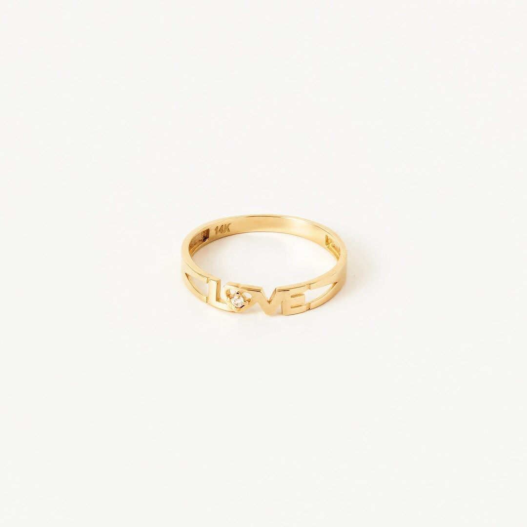 14K Solid Gold Script Love Ring With CZ, 10k 18k Love Word Ring, Dainty ...