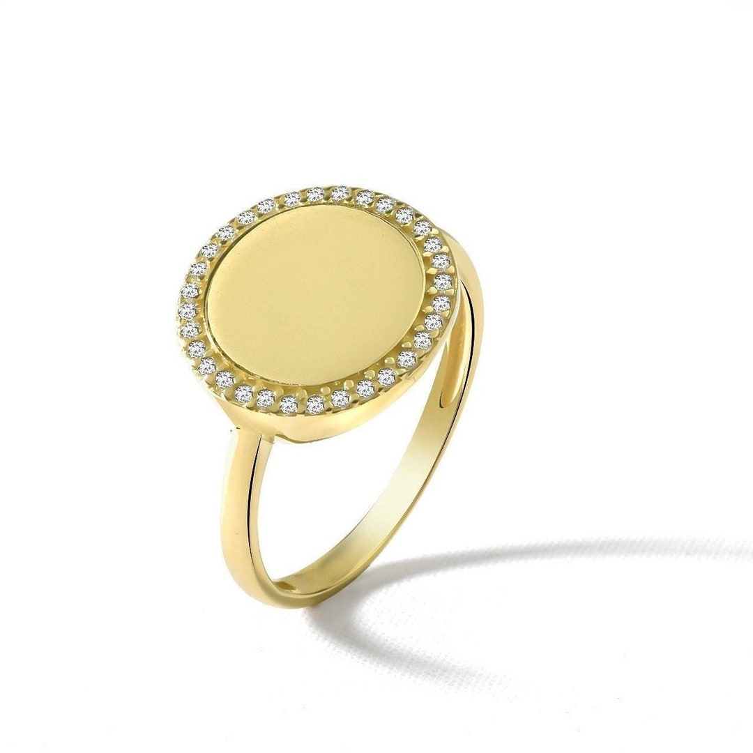 Personalized Gold Signet Ring With Diamond Border, Custom Engraved Ring ...