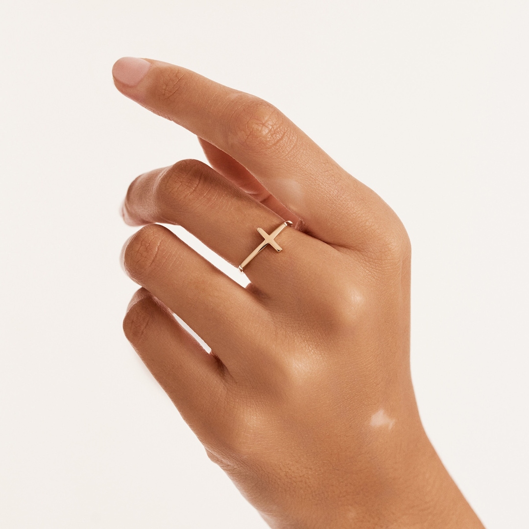 14K Solid Gold Cross Shaped Ring, Sideways Cross Band in 925 Sterling ...