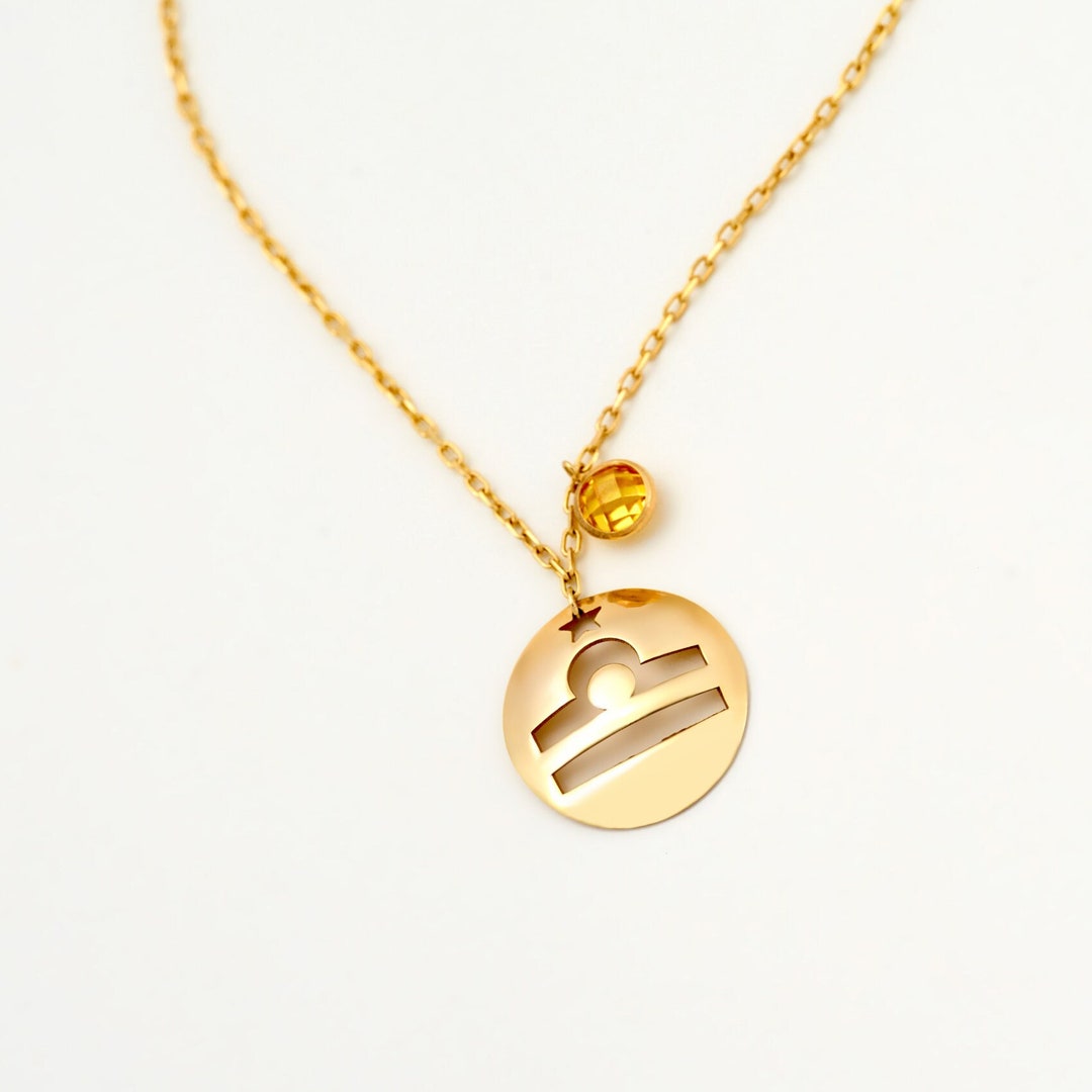 October Birthstone Libra Zodiac Disc Necklace in Gold, Horoscope ...