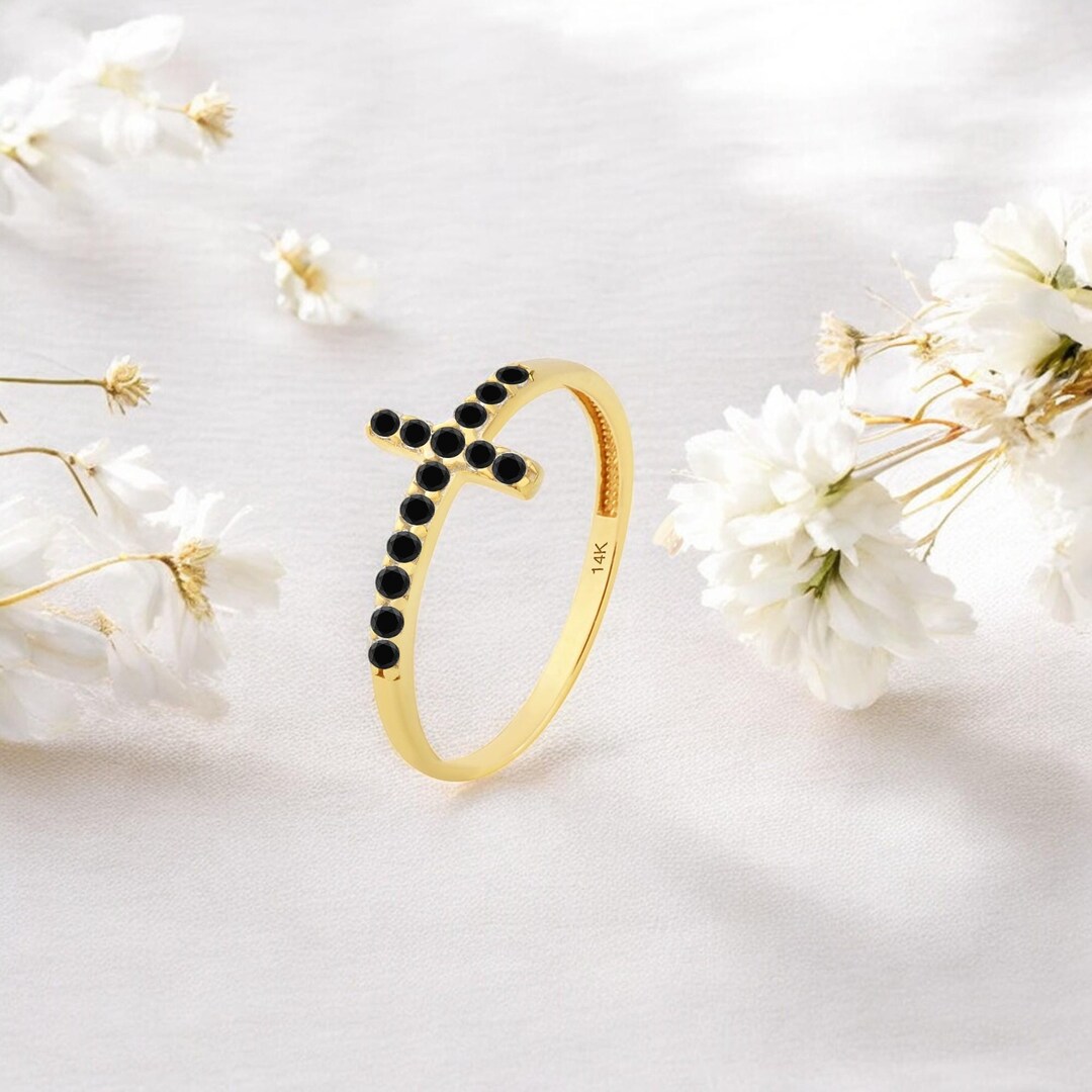 14K Solid Gold Onyx Cross Ring, Personalized Black Gemstone Ring for ...
