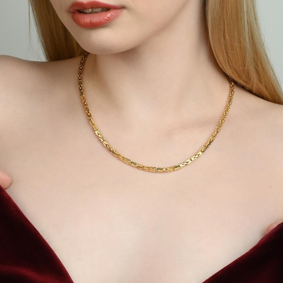 14k Solid Gold Byzantine Chain Necklace - 4mm Minimalist Gourmet Chain ...