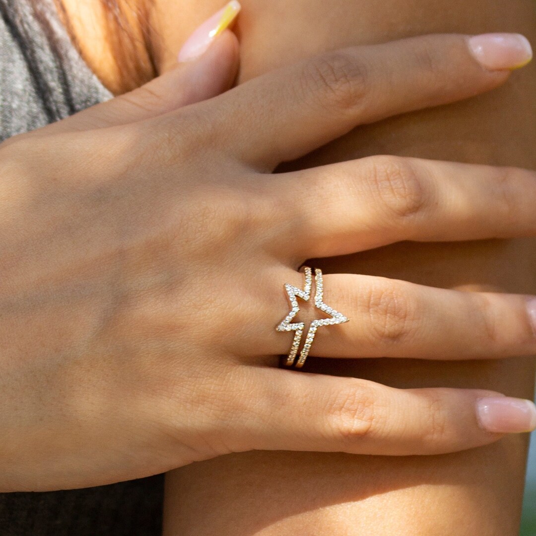 14k Solid Gold Star Ring With Pave Diamonds, Unique Celestial Design, Dainty Stackable Ring ...