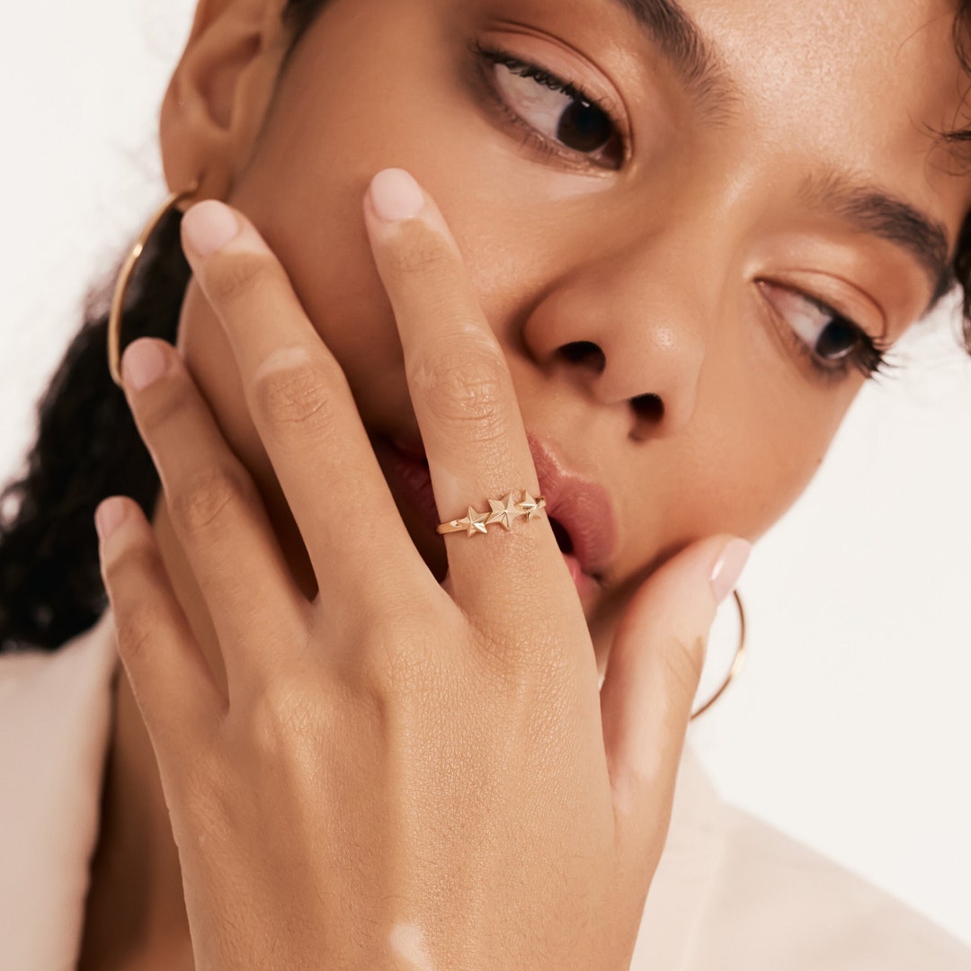 Three Star Ring, 14K Solid Gold Star Shaped Gold Ring, Minimalist 3 Star Gold Ring, Women's Ring ...