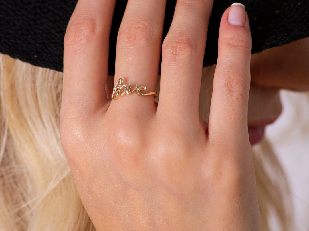 14k Solid Gold Love Ring Dainty Script Love Ring Love Word - Etsy
