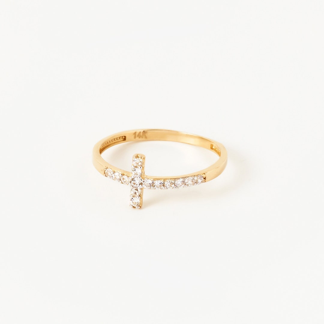 Cross Ring, 14k Solid Gold Sideways Cross Ring, Gold Cross Ring, 14K ...