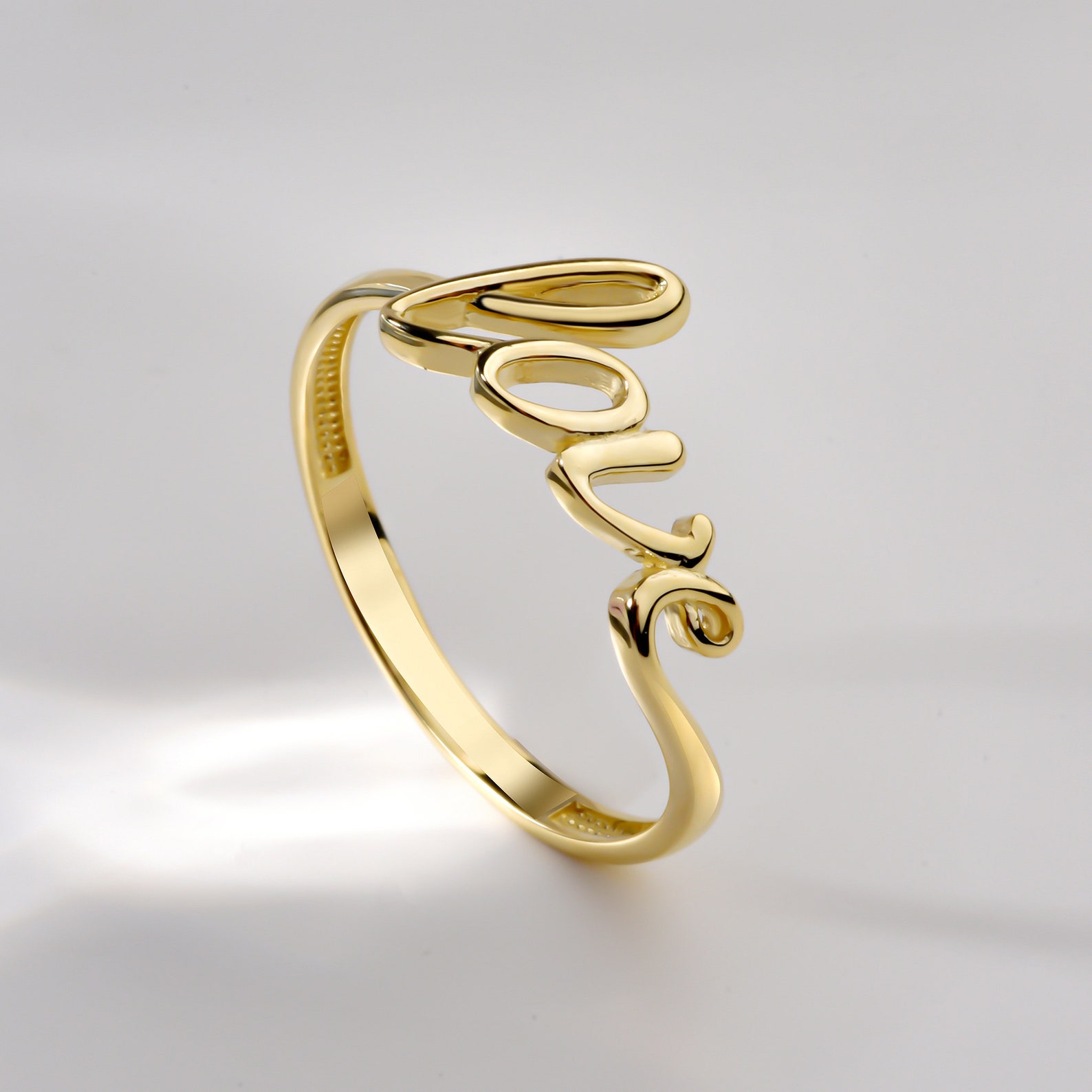 14k Solid Gold Love Ring Dainty Script Love Ring Love Word - Etsy