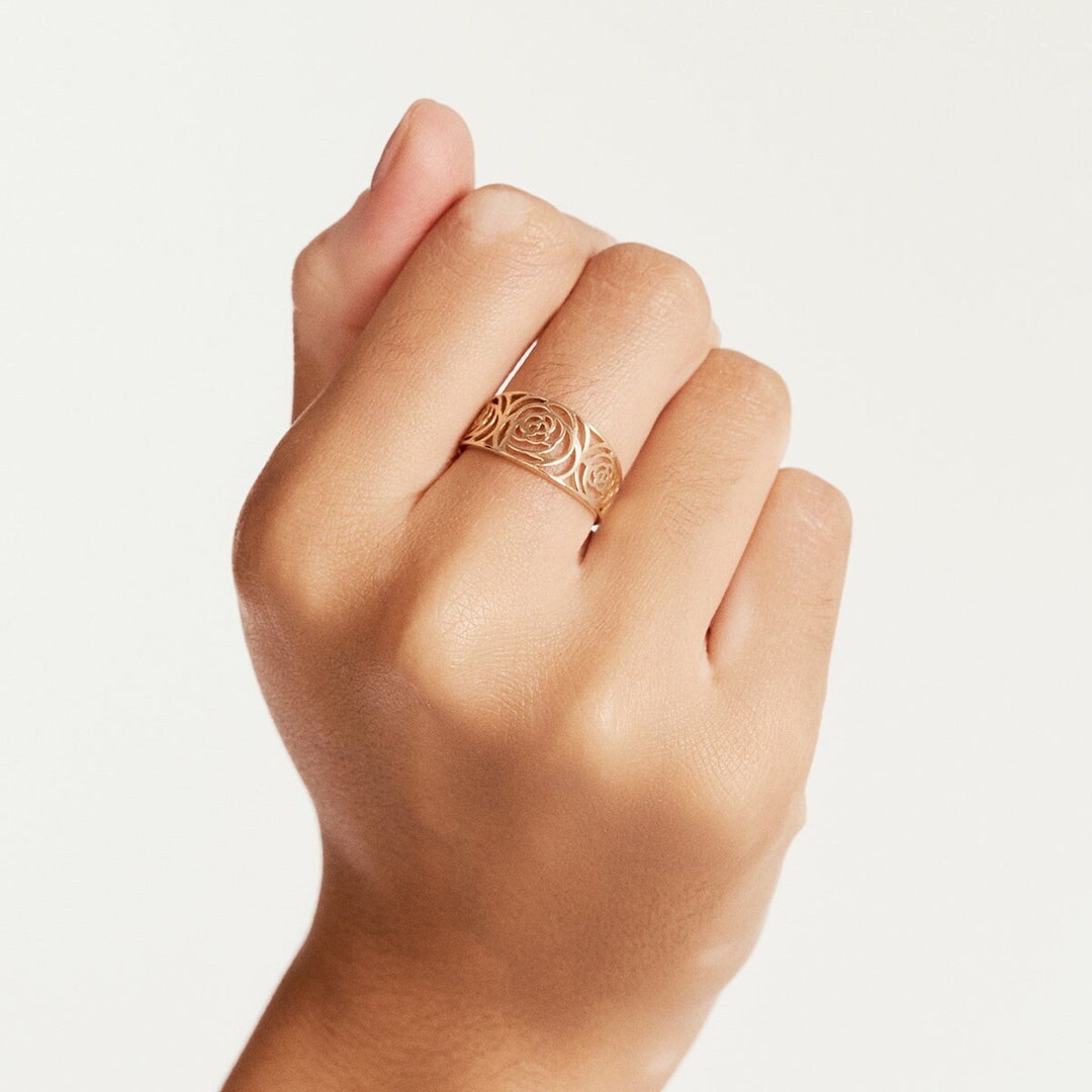 Flower Pattern Ring, 14k Solid Gold Rose Ring, Dainty Gold Ring ...