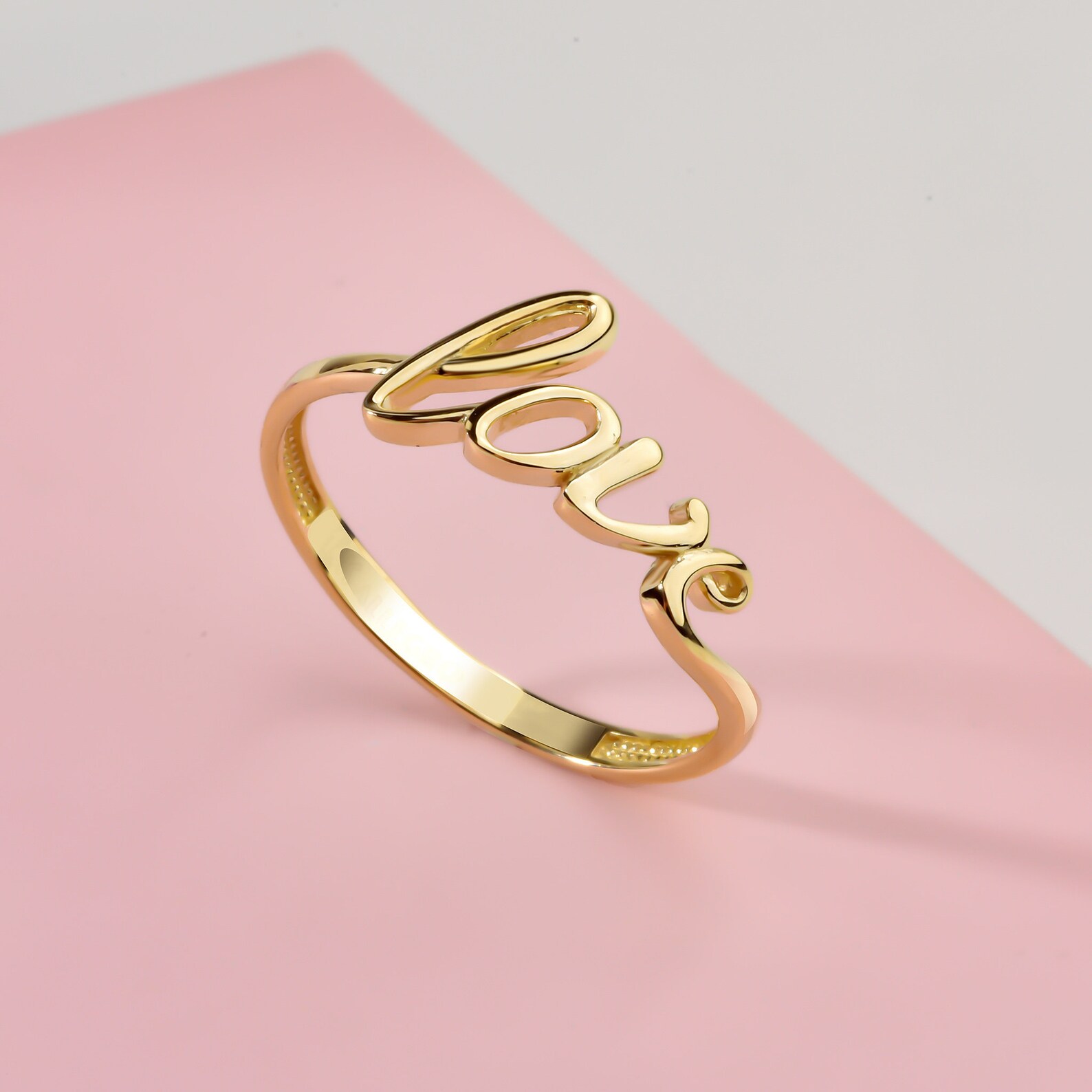 14k Solid Gold Love Ring Dainty Script Love Ring Love Word - Etsy