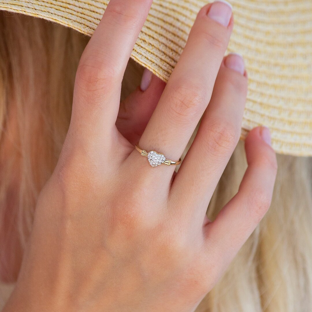 14k Solid Gold Heart Ring, 14K Gold Promise Heart Ring, Dainty Heart ...