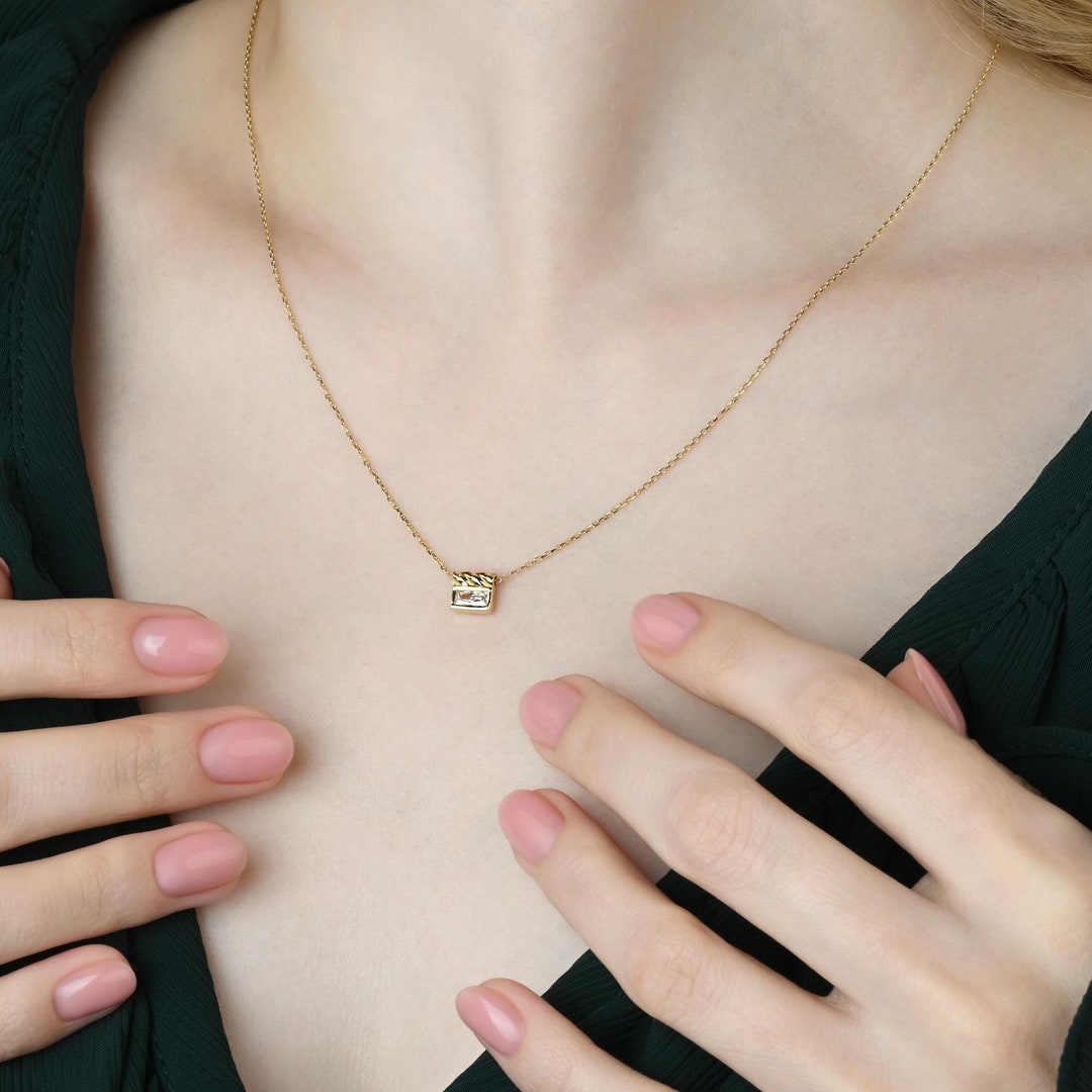 14K Solid Gold Rectangular Pendant Necklace, Minimalist Diamond Accent ...