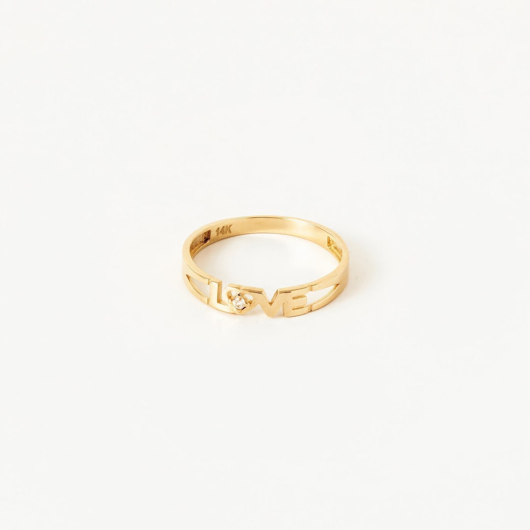 Script Love Ring With CZ, 14K Gold Love Word Ring, Dainty Love Word ...