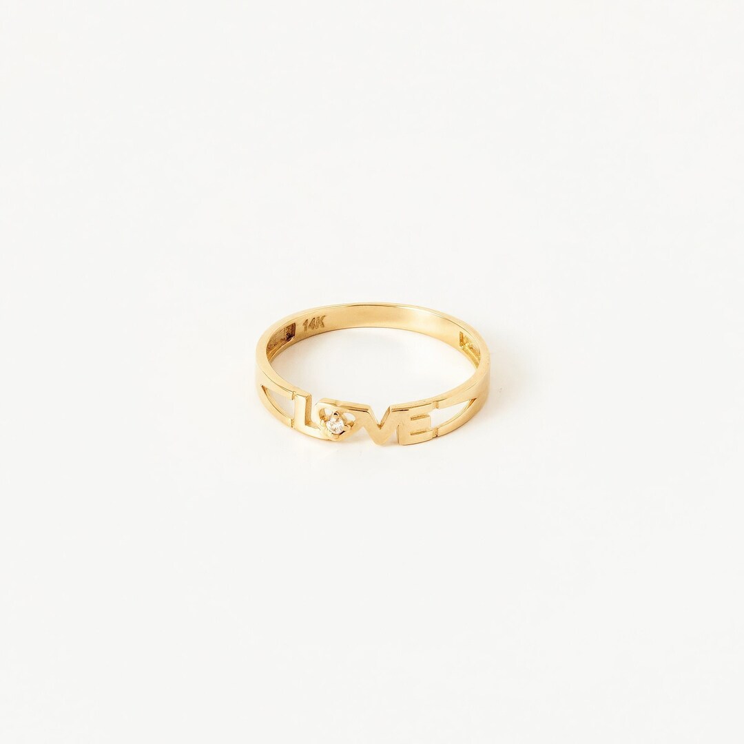 14K Gold Love Word Ring, Script Love Ring With CZ, Dainty Love Word ...
