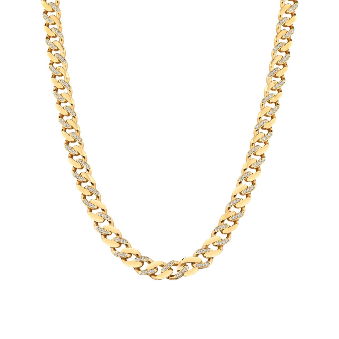 14K Gold Cuban Link Chain Necklace With Diamonds - 11mm Statement ...