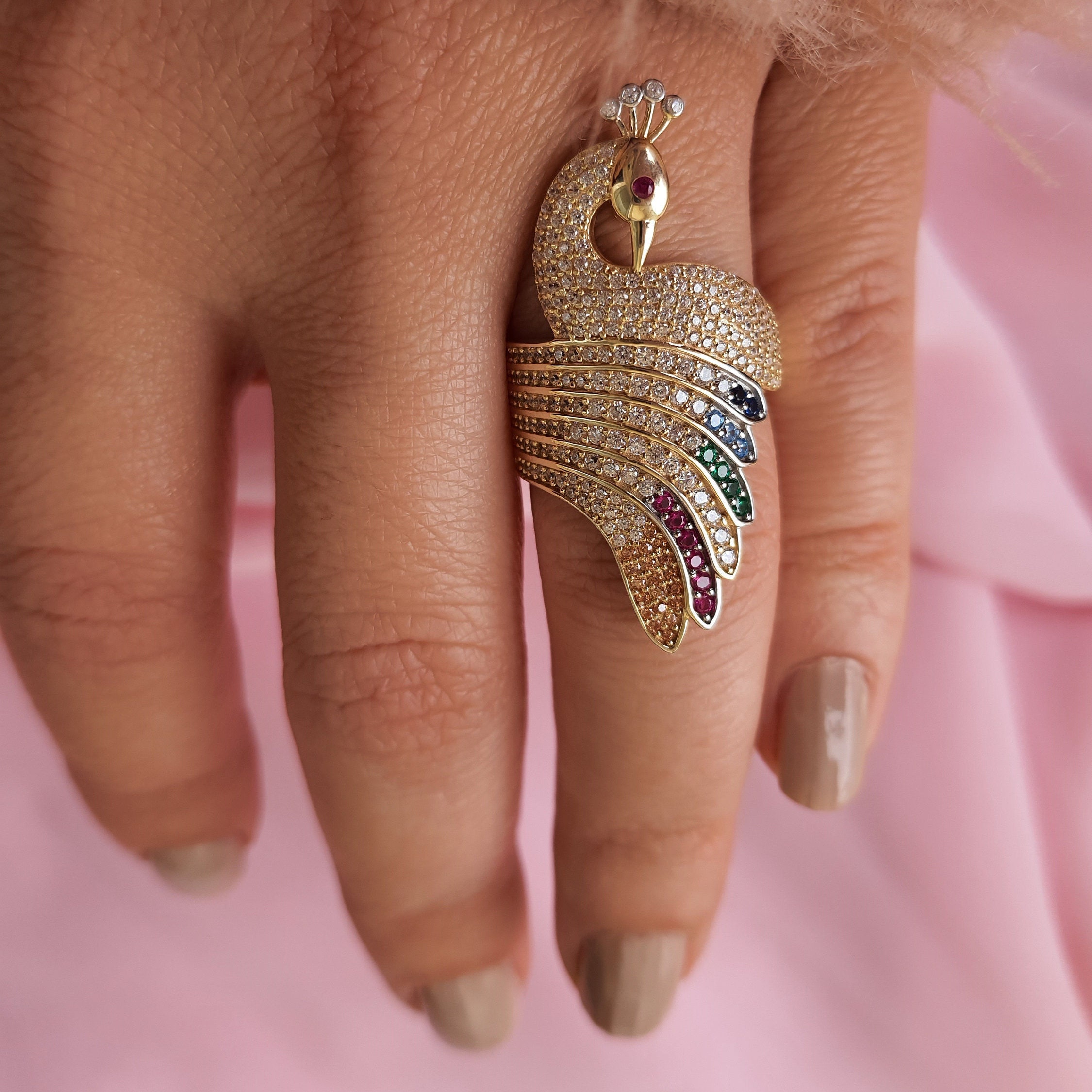 14k Solid Gold Peacock Ring Peacock Ring Minimalist Real Etsy