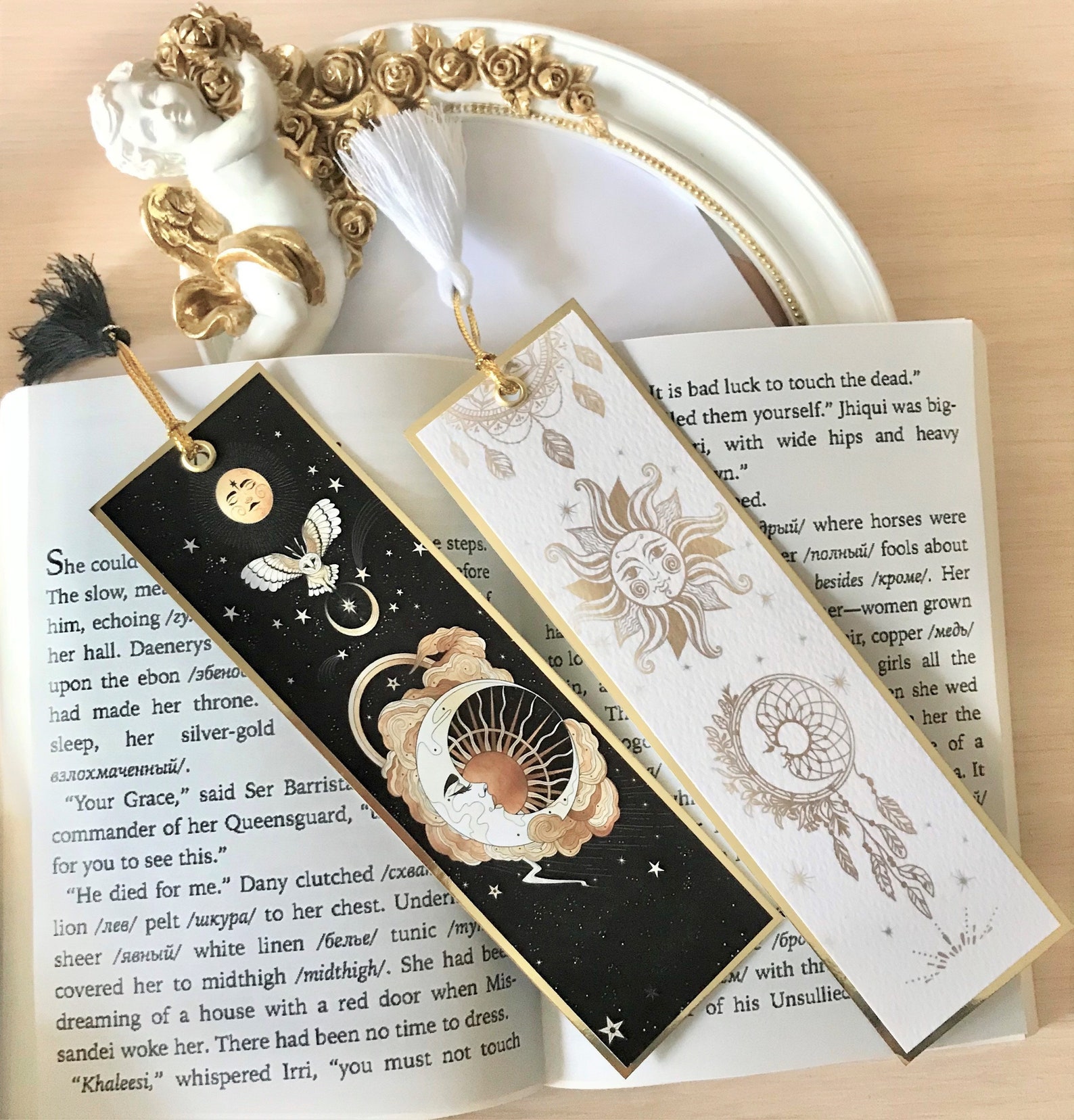 Set 2 Sun and Moon Gilded Bookmark Illustrated bookmarks | Etsy