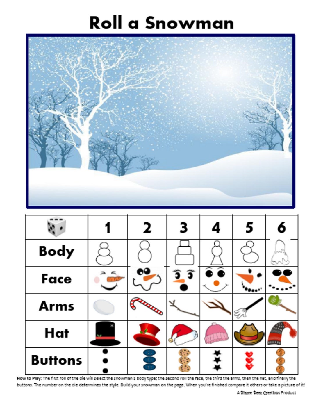 Roll A Snowman Dice Game, Snow Day Activity, Indoor Game, Homeschool ...