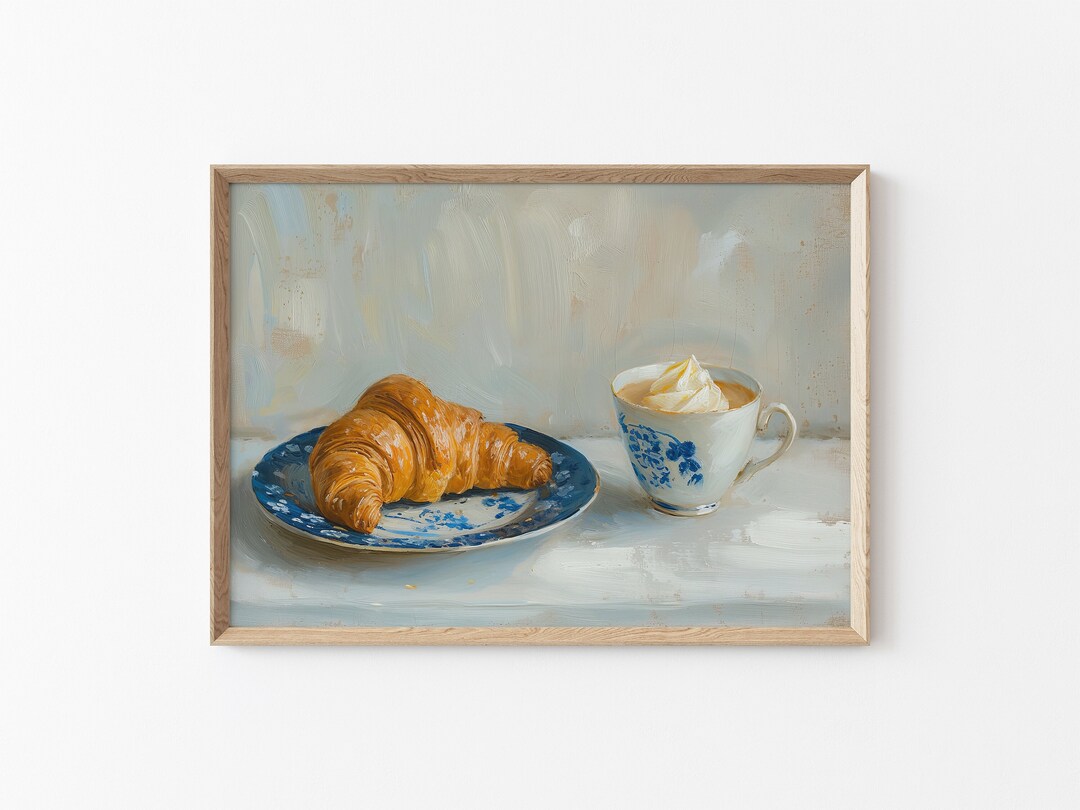 Croissant Print, Coffee and Croissant Painting, Vintage Kitchen Wall ...