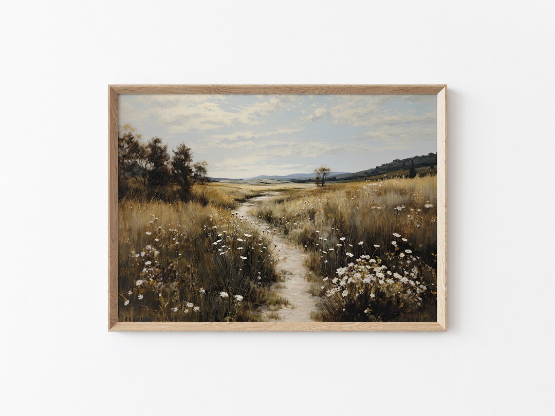 Printable Wild Meadow Field Painting, Vintage Meadow Country Land Path ...