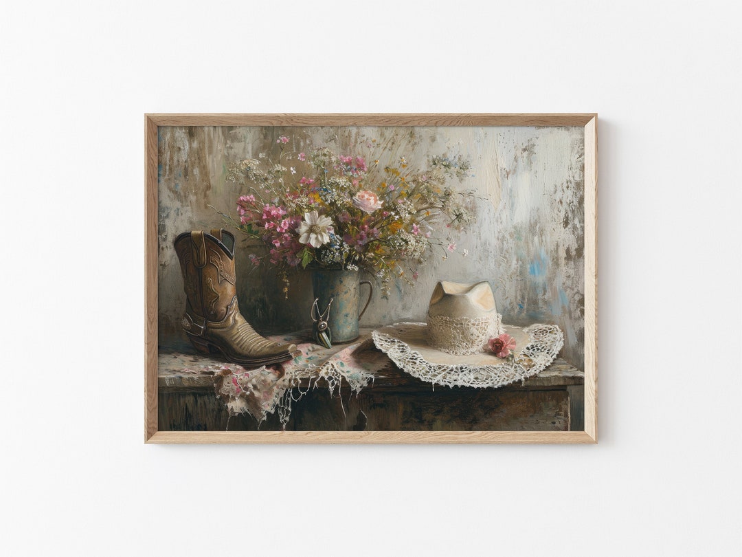 Cowgirl Rustic Still Life Arrangement Painting, Spring Flowers ...