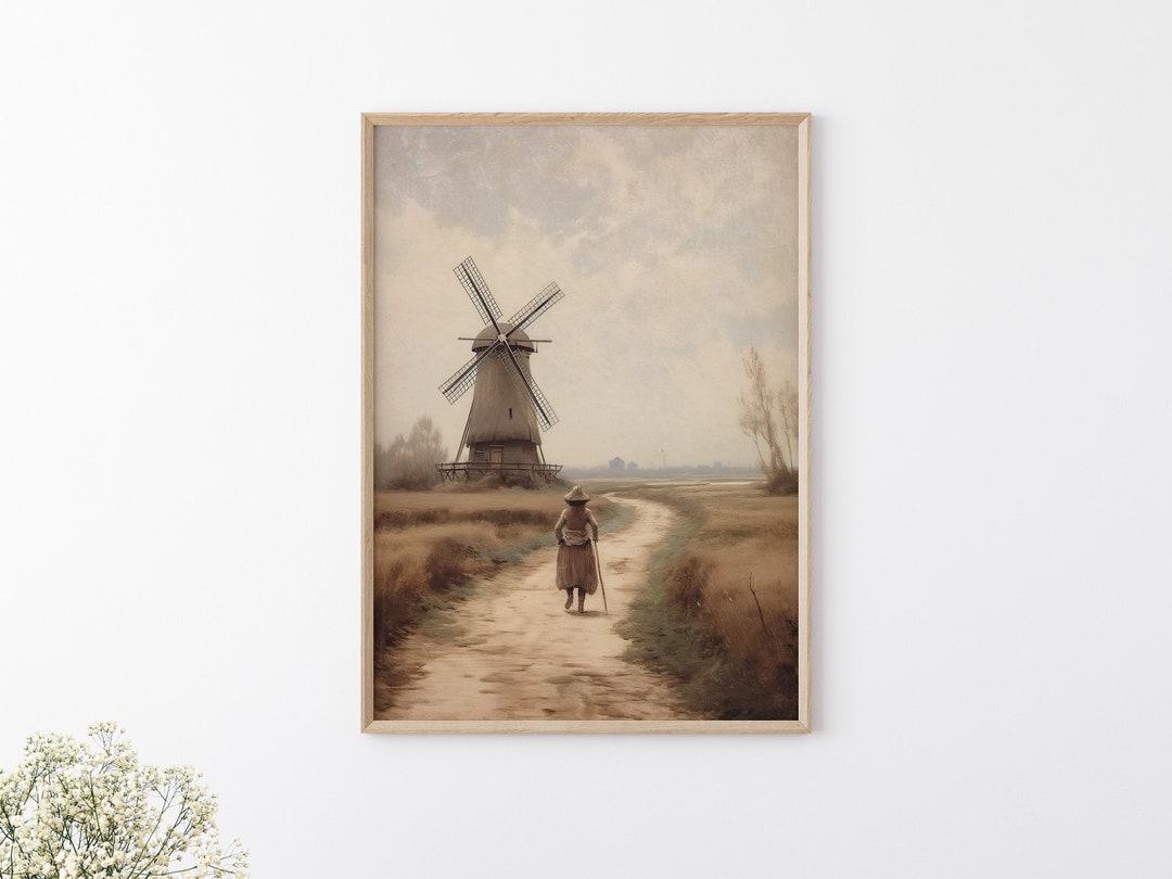 Printable Dutch Landscape Painting, Vintage Windmill Landscape Painting ...