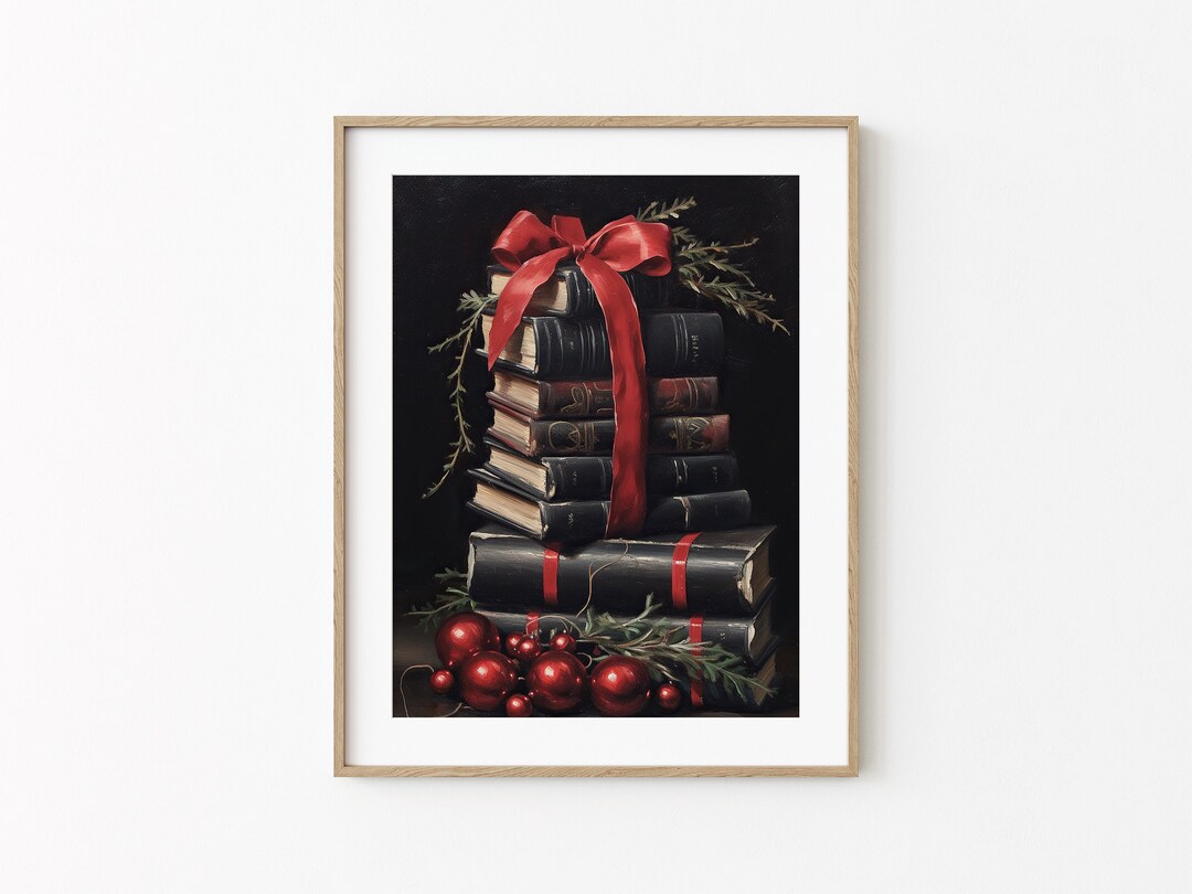 Christmas Stacked Books Painting, Vintage Christmas Winter Wall Decor ...
