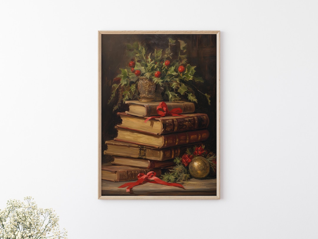 Christmas Stacked Books Painting, Vintage Christmas Winter Wall Decor ...