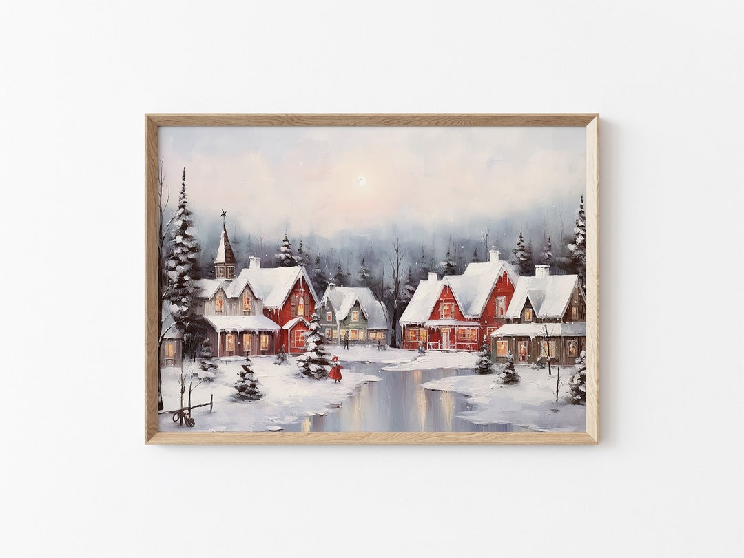 Snowy Christmas Village Print, European Winter Wall Painting, Cozy ...