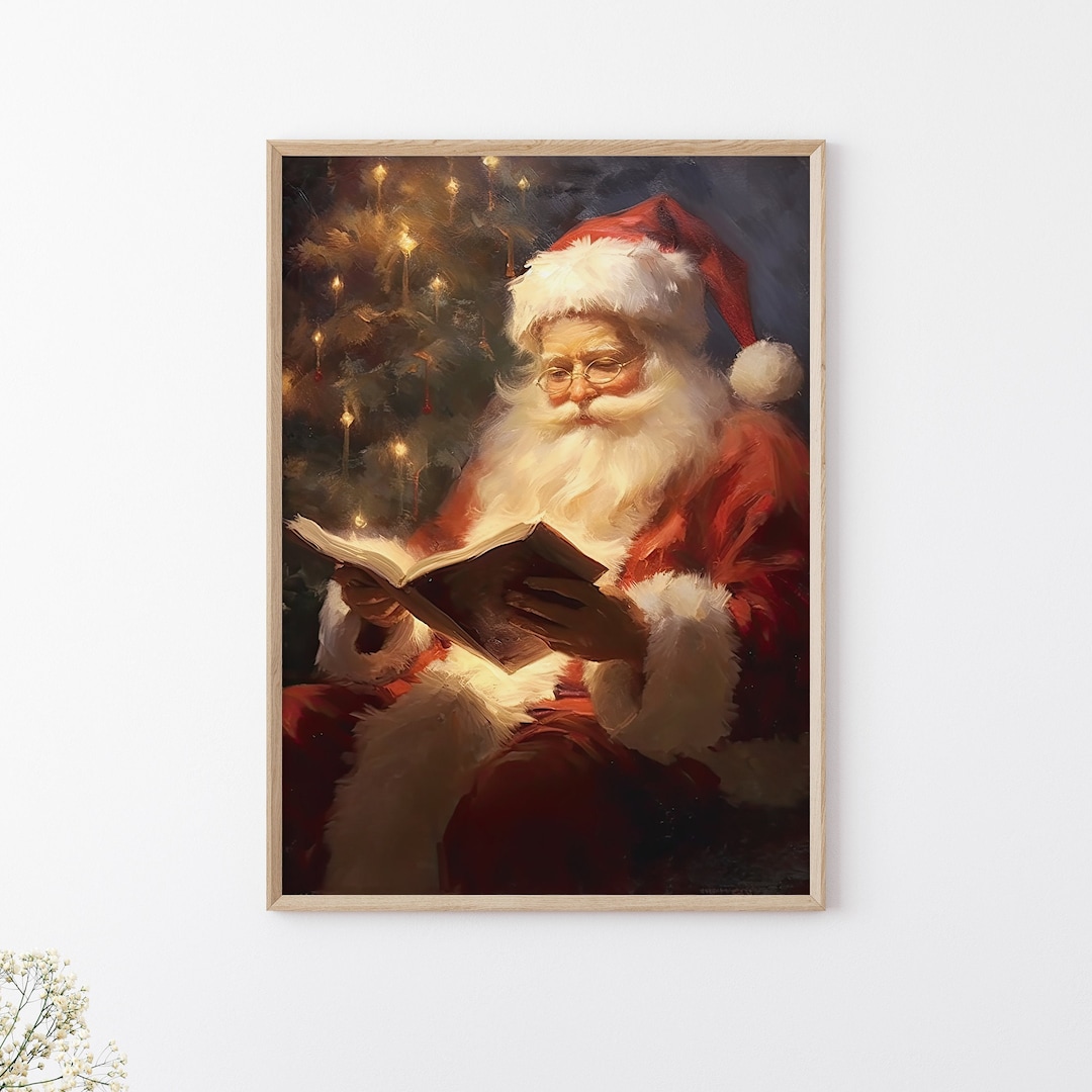 Vintage Painting of Santa Claus Reading a Book Under Christmas Tree ...
