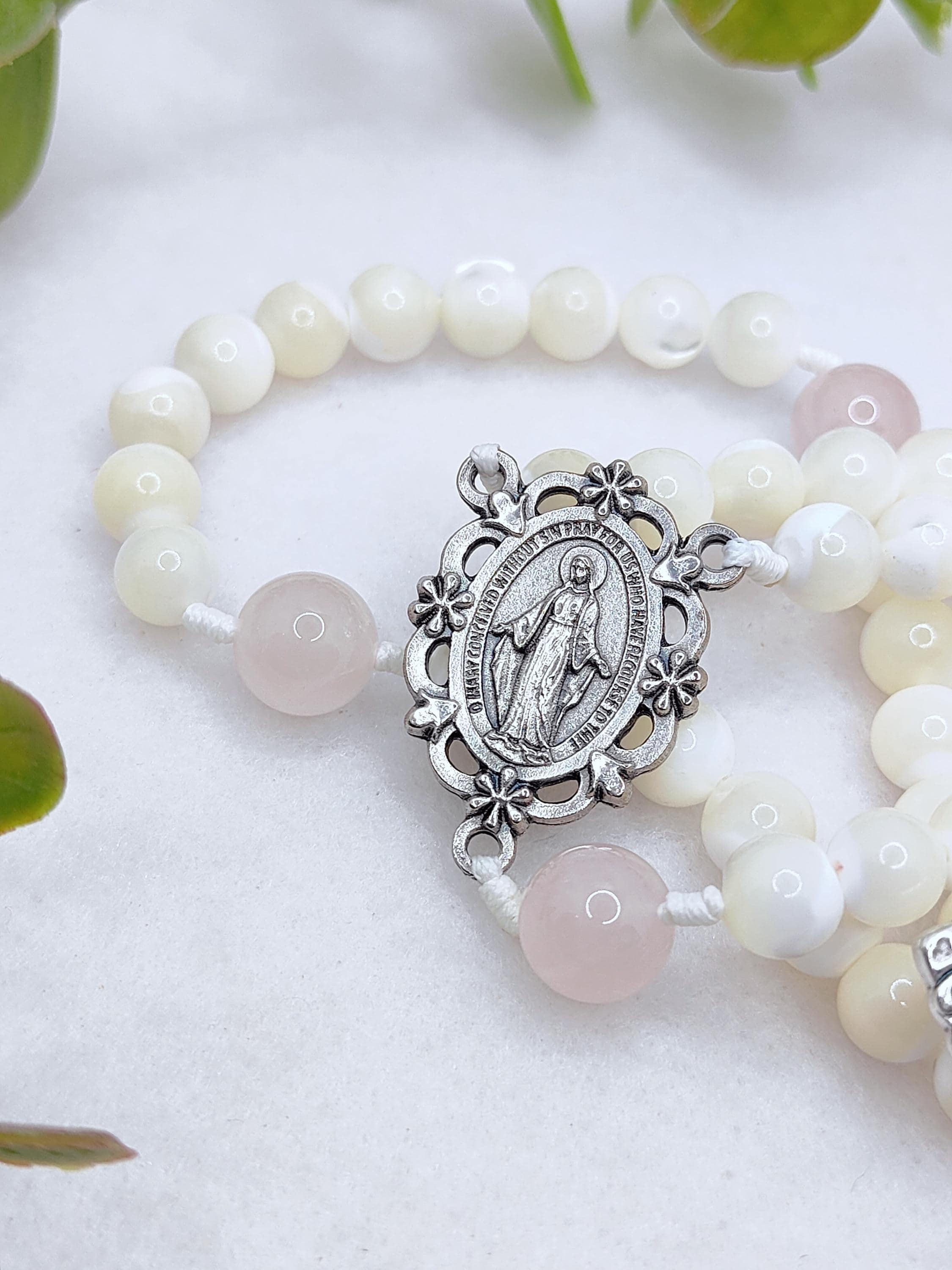 Miraculous Medal Rosary: White Shell Pearl, Rose Quartz, Pardon ...