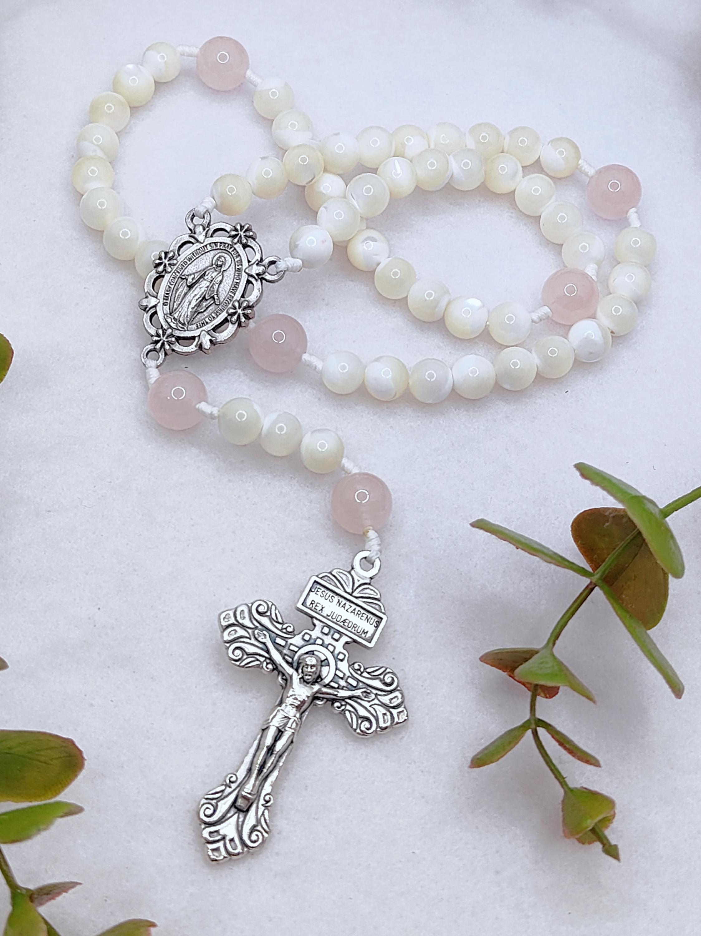 Miraculous Medal Rosary: White Shell Pearl, Rose Quartz, Pardon ...