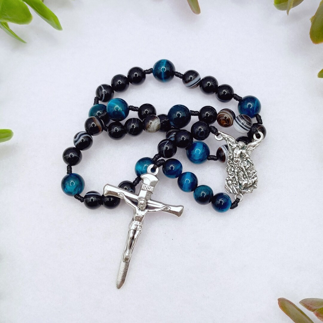 Chaplet of Saint Michael Rosary, Archangel Rosary, Black Banded Agate, Blue Tiger Eye, Nail ...
