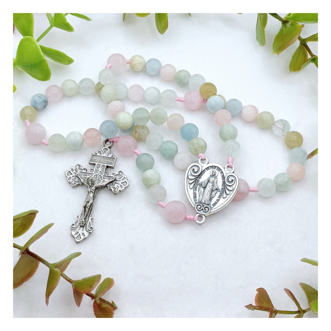 Miraculous Medal Rosary: Morganite, Rose Quartz, Pardon Crucifix, Pouch ...
