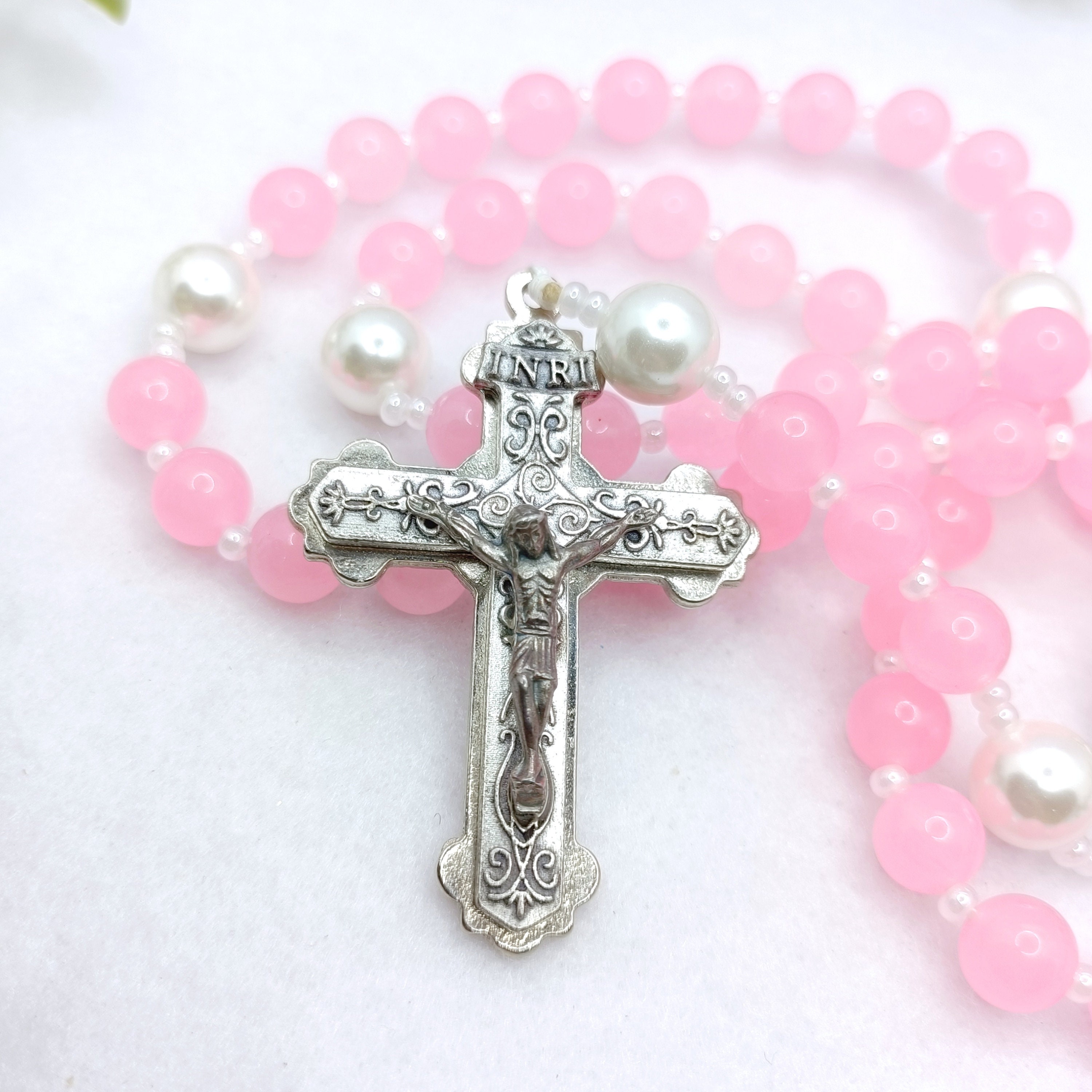 Lady of Miraculous Rosary With Pink Agate, White Pearl, Miraculous ...