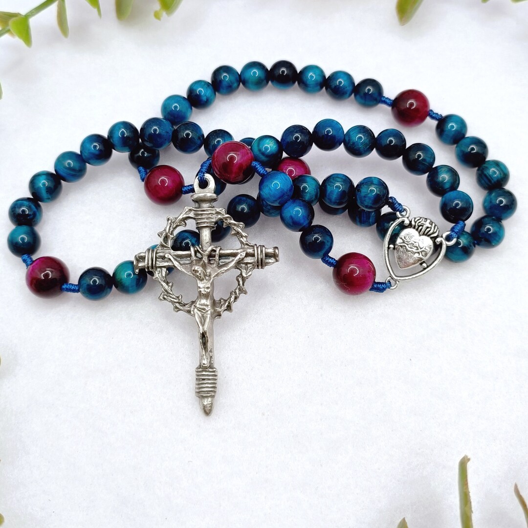 Sacred Heart of Jesus Rosary: Blue & Red Tiger Eye, Crown of Thorns ...