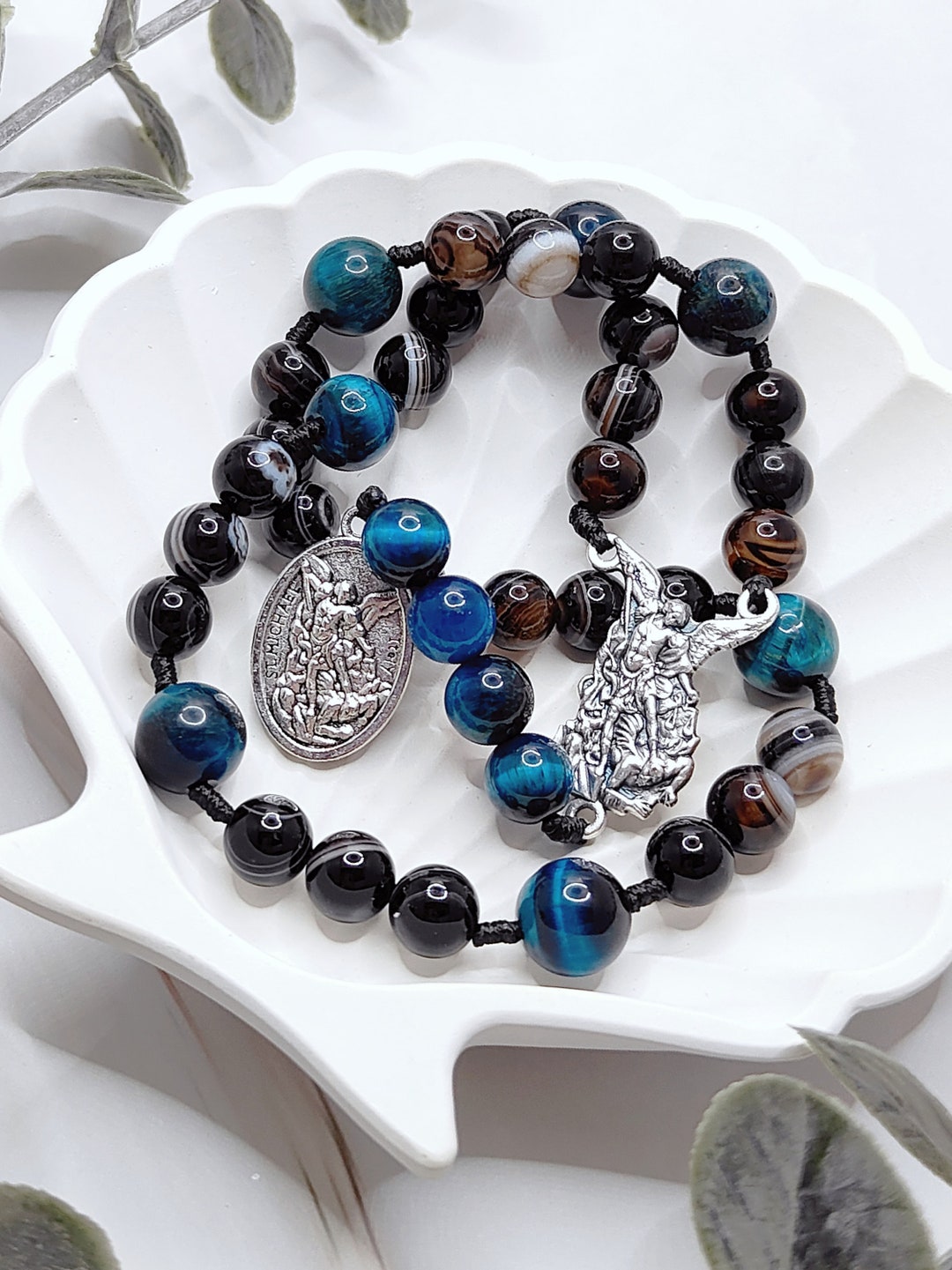 Chaplet of St Michael Rosary, Black Banded Agate, Blue Tiger Eye, St Michael Medal, Catholic ...