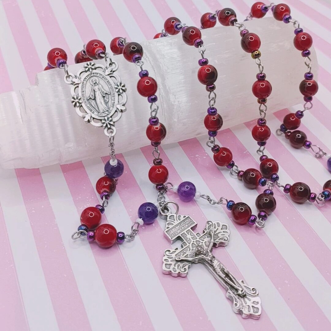 Lady of Miraculous Rosary With Red Ruby Glass Beads, Amethyst ...