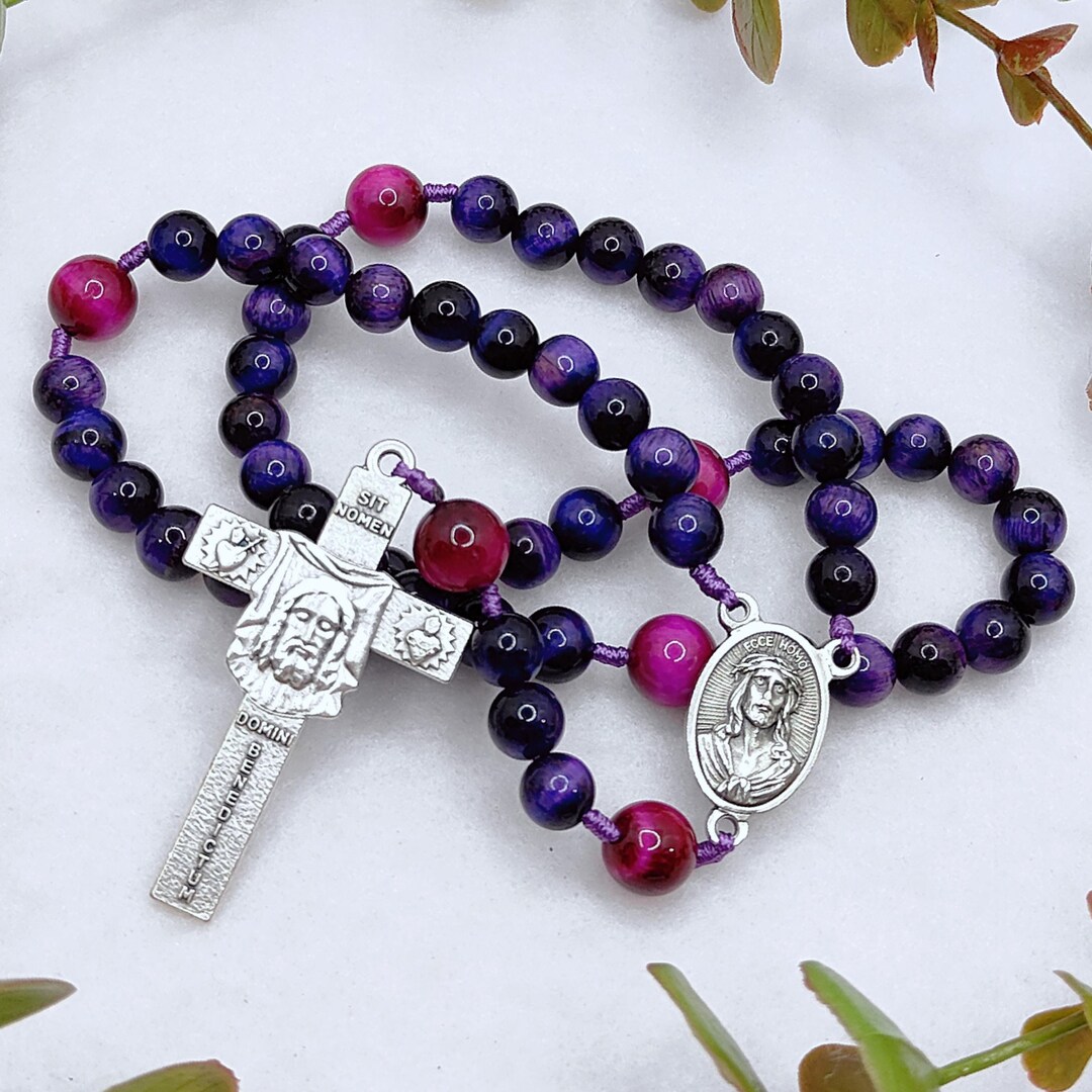 Ecce Homo Rosary, Holy Face of Jesus Rosary, Purple Tiger Eye, Red ...