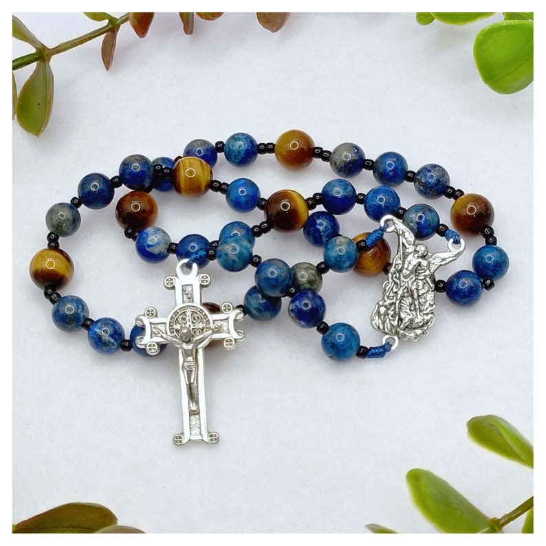 Chaplet of Saint Michael Rosary, Archangel Rosary, Lapis Lazuli, Yellow Tiger Eye, St Benedict ...