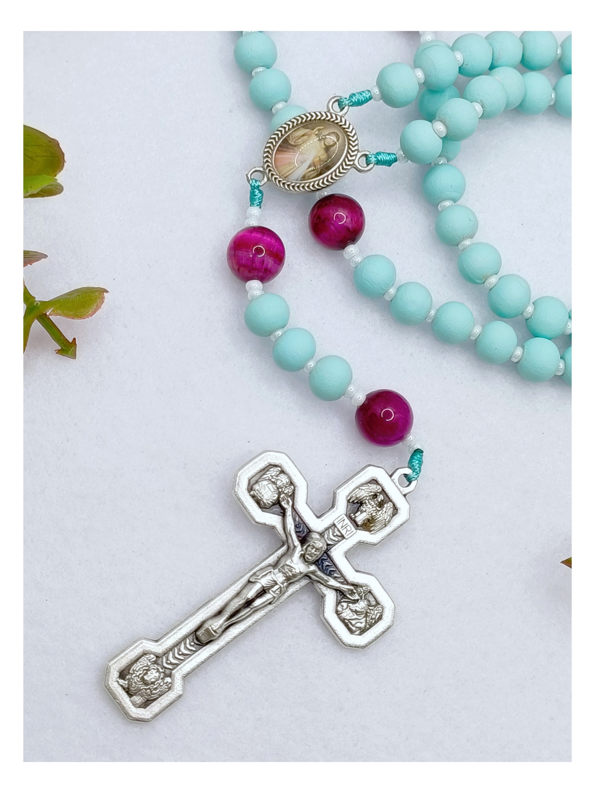 Chaplet of Divine Mercy Rosary, Blue Wood Rosary, Red Tiger Eye Rosary ...