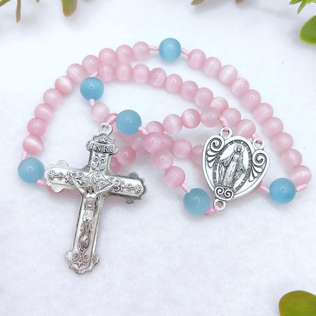 Miraculous Medal Rosary: Pink & Blue Cat Eye, Scroll Crucifix - Etsy