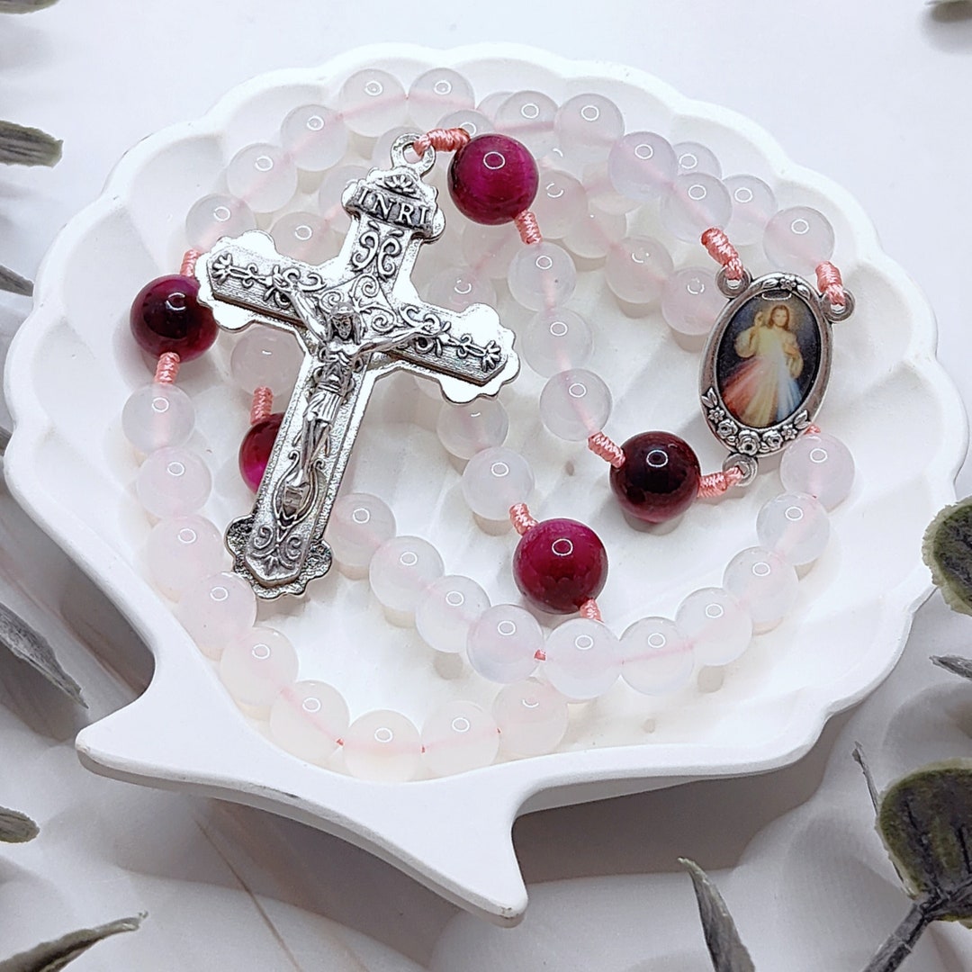 Chaplet of Divine Mercy Rosary: White Onyx & Rose Red Tiger Eye ...