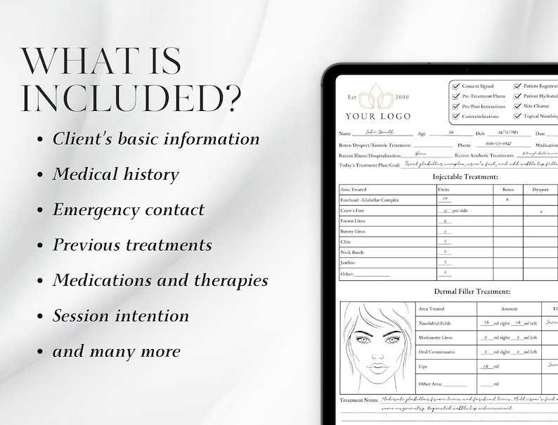 Botox and Dermal Filler Treatment Record Form, Nurse Injector Template ...