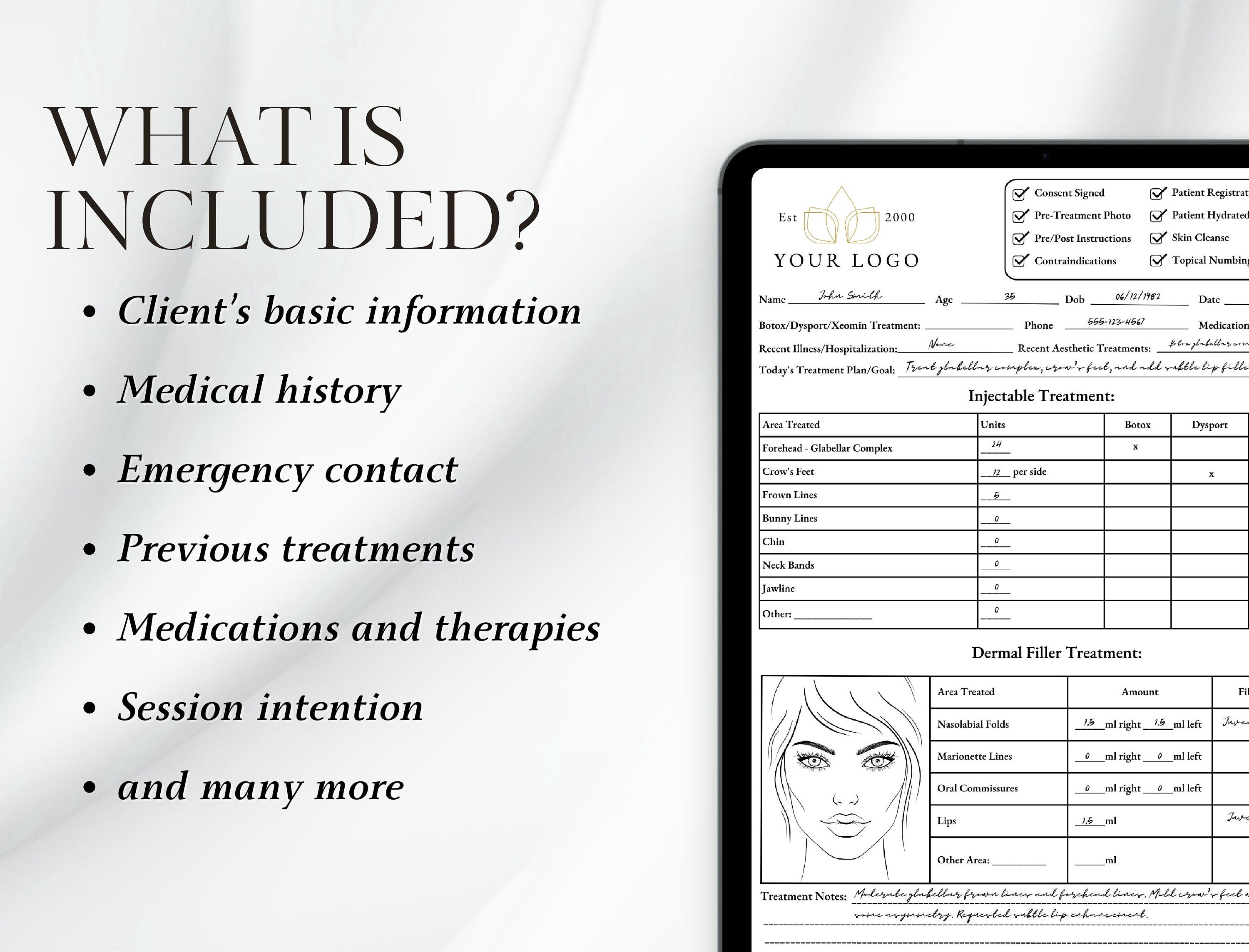 Botox and Dermal Filler Treatment Record Form, Nurse Injector Template ...