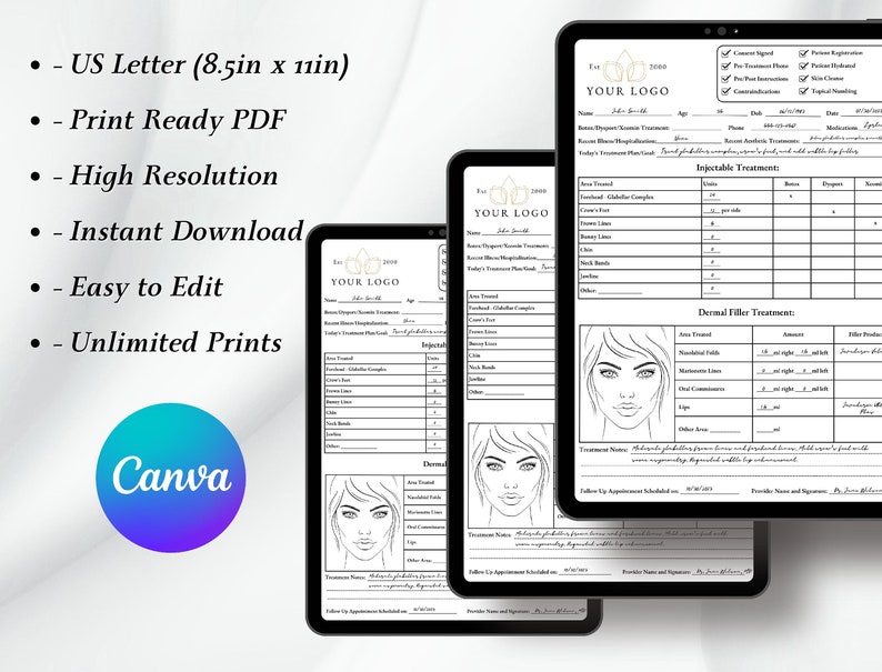 Botox and Dermal Filler Treatment Record Form, Nurse Injector Template ...