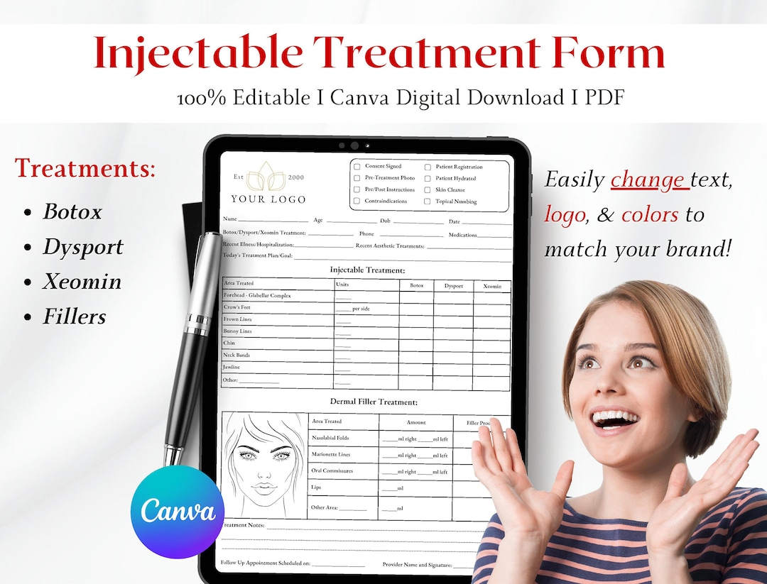 Botox and Dermal Filler Treatment Record Form, Nurse Injector Template ...