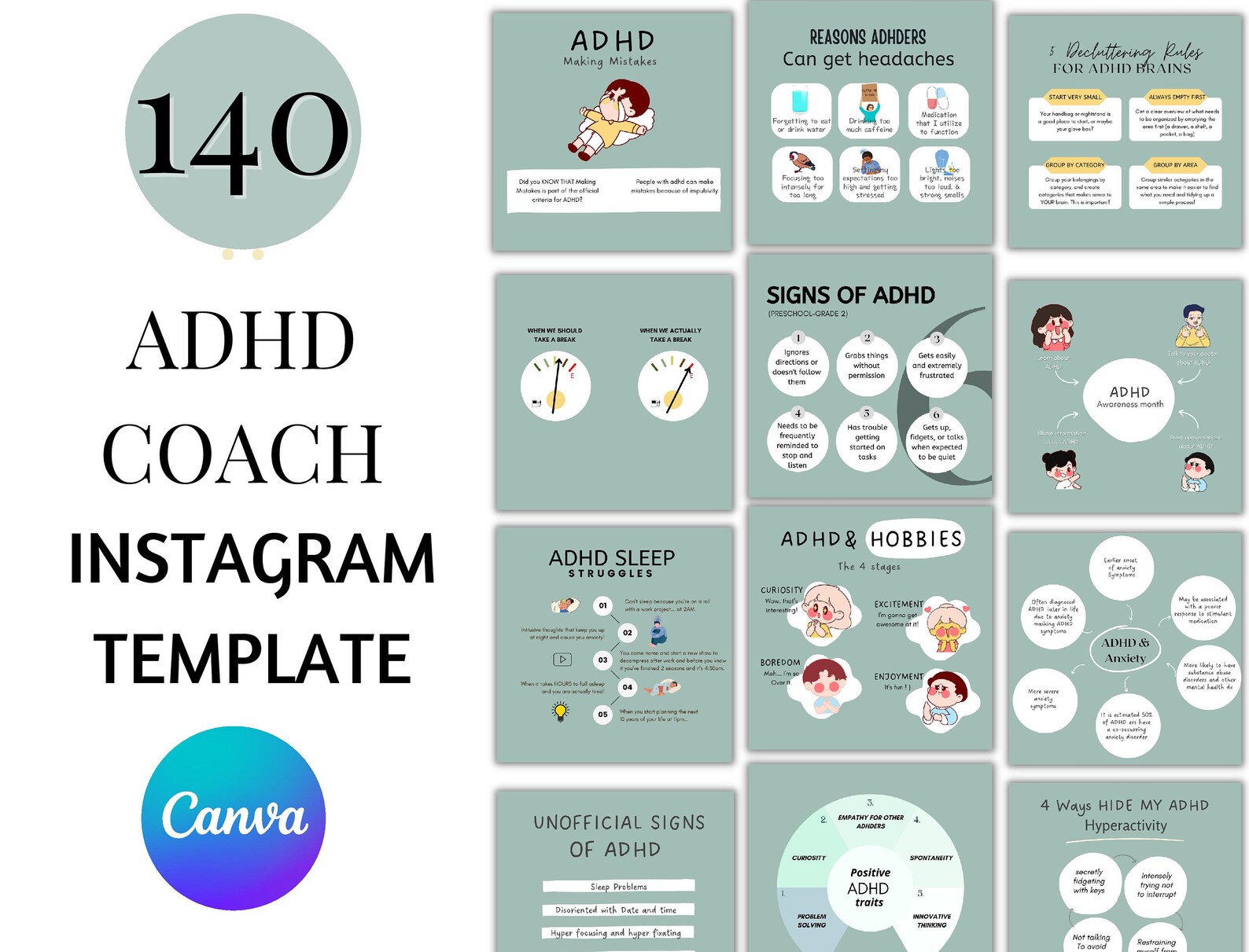 ADHD Coach Instagram Template, Mental Health Resource (canva Editable ...