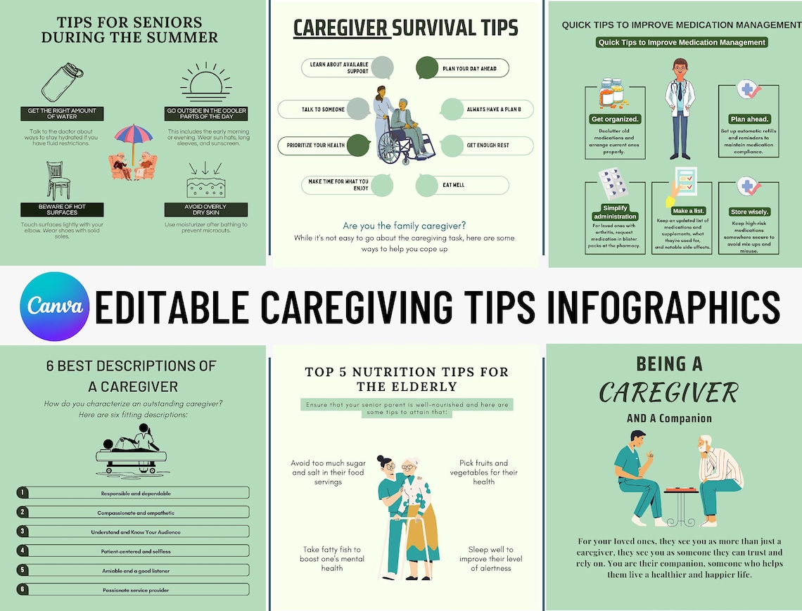 30 CANVA EDITABLE ! Caregiving Tips Infographics, Home Care Nurse ...