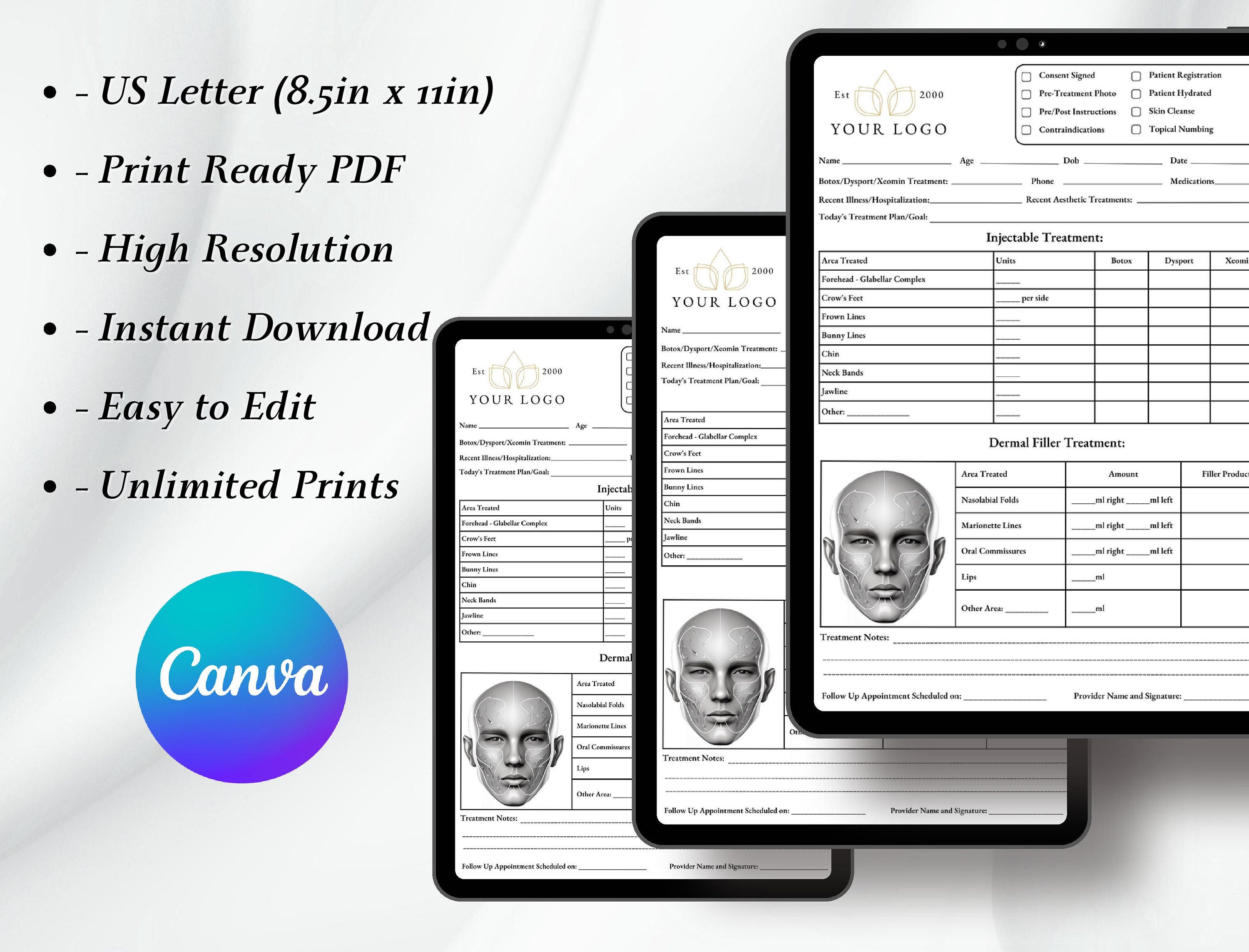 Botox and Dermal Filler Treatment Record Form, Nurse Injector Template ...